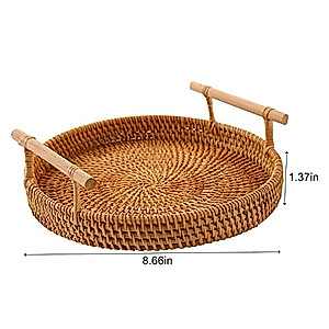 Ochine 1 Pack Wood Serving Tray Woven Serving Tray with Handles, Round Bread Serving Basket Poly-Wicker Basket Tray Decorative Rattan Fruit Tray for Serving Bread Vegetable Snack