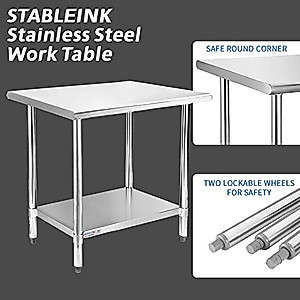 STABLEINK NSF Stainless Steel Table, 24 x 48 Inches Metal Prep & Work Table with Adjustable Undershelf, for Commercial Kitchen, Restaurant, Hotel and Garage