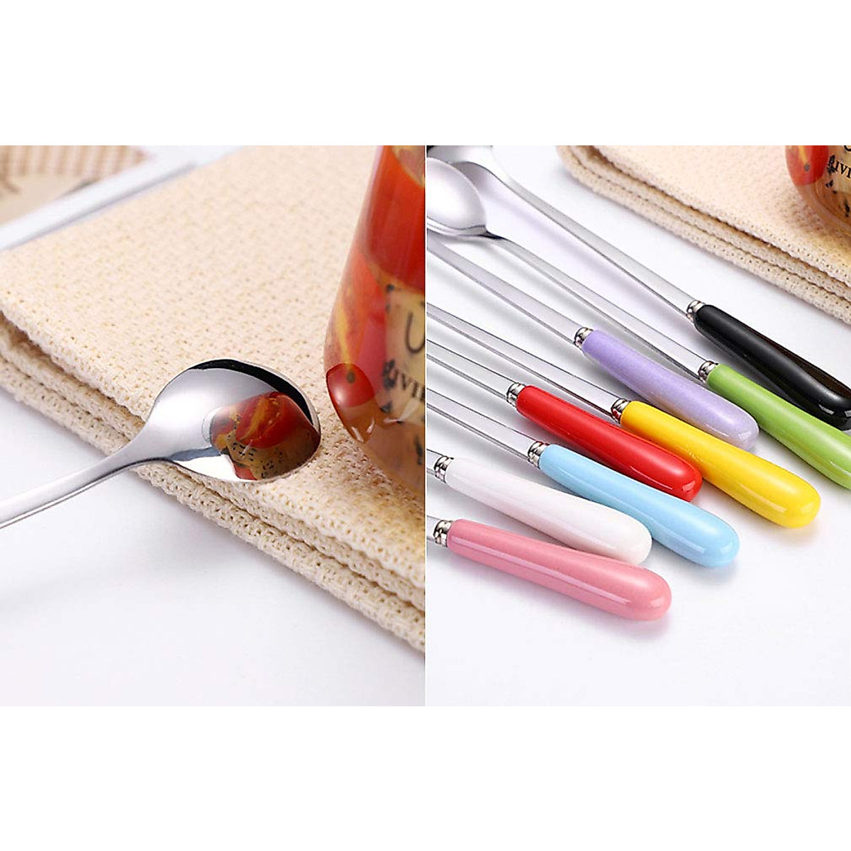 Goeielewe Mixing Spoons Set of 8, Stainless Steel Iced Teaspoons with Ceramic Handle 7.6-Inch Long Soup Tablespoons Espresso Coffee Spoons Candy-Colored, Mixed Color