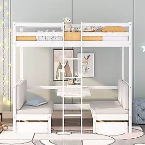 MERITLINE Wood Bunk Bed with 2 Drawers, Twin Loft Bed with Seat and Desk, Can be Turn into Upper Bed and Down Desk, Cushion Sets are Free for Kids, Teens, Girls, Boys, White