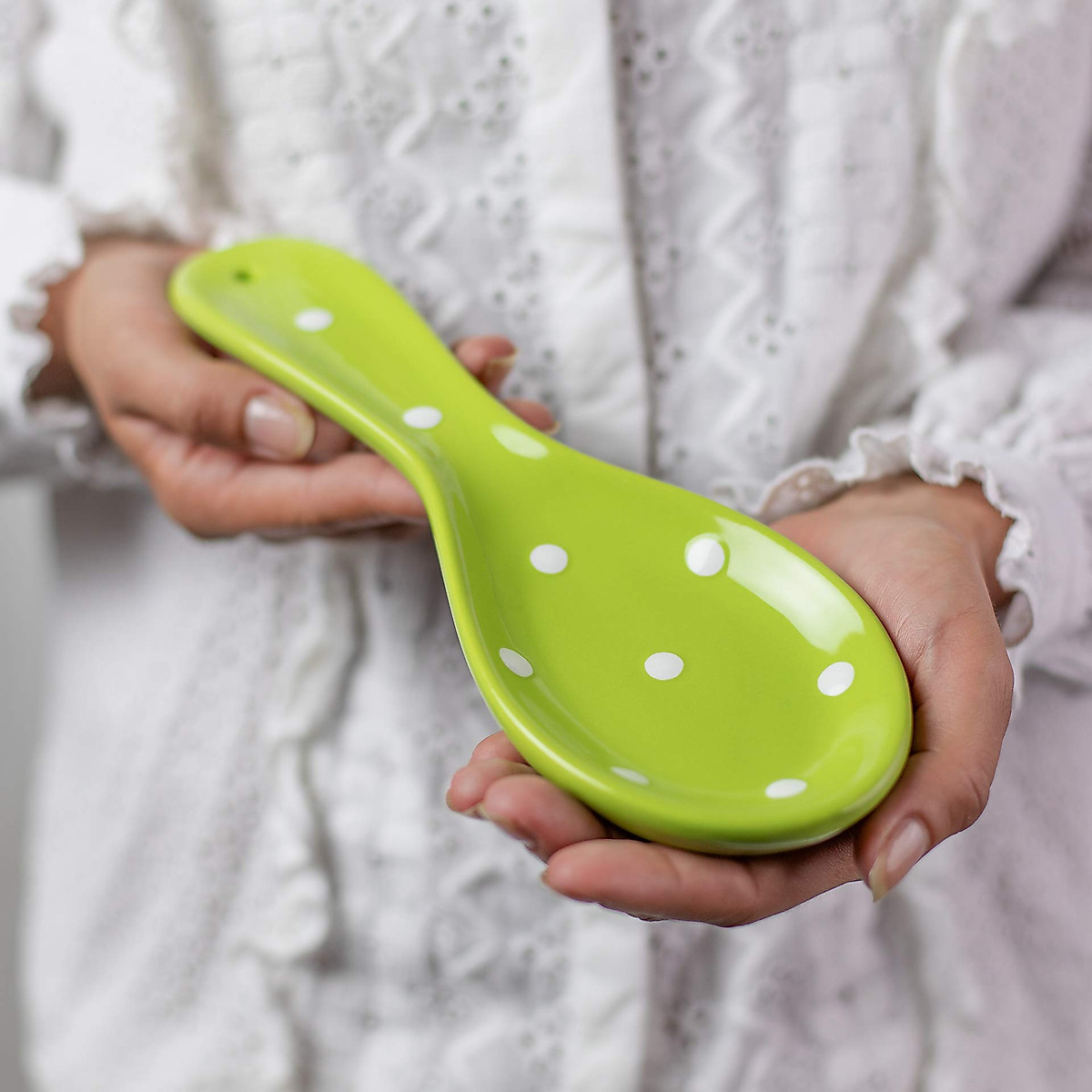 Handmade Lime Green and White Polka Dot Ceramic Kitchen Cooking Spoon Rest | Pottery Utensil Holder | Housewarming Gift by City to Cottage®
