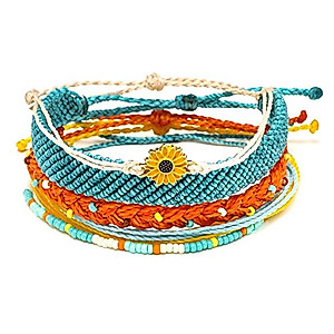 SUNSH 5PCS Boho Woven Sunflower Bracelets for Women Teens Girls Boy Couple Handmade Wrap Rope Charm Beach Surf Braided Adjustable Strings Boyfriend Girlfriend Mother Daughter Friendship Gifts