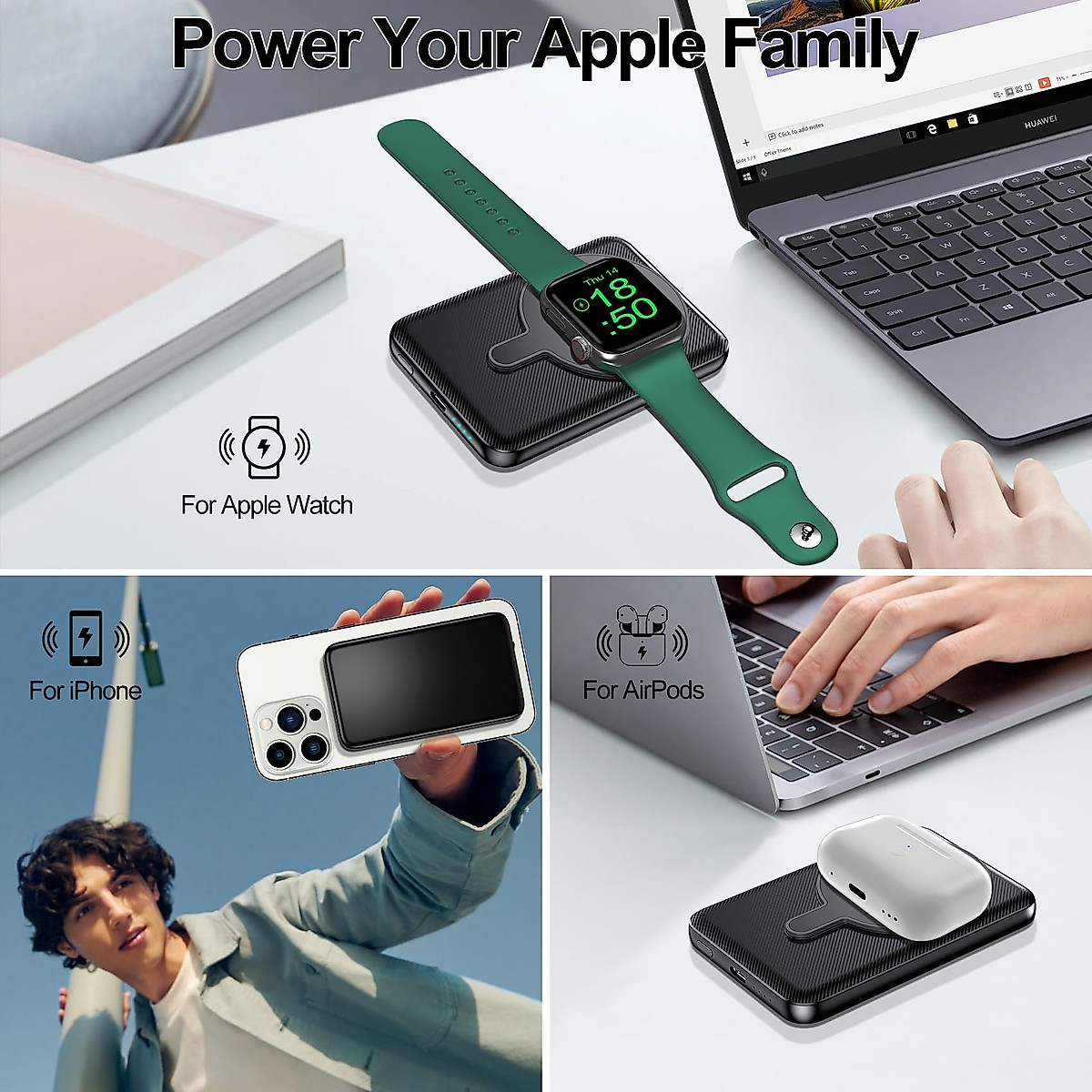 kurdene Wireless Portable Charger, 3 in 1 Magnetic Power Bank Compatible with iWatch Charger,5000mAh Mag-Safe Batteries Pack,Compatible with iPhone 15/14/13/12 Series, Apple Watch, Airpods-Black