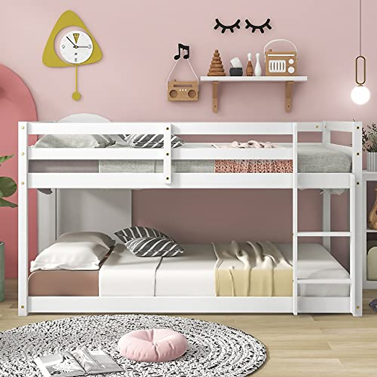 Senviy Twin Over Twin Floor Bunk Bed with and Guardrail,Wooden Bed Frame for Girls and Boys for Bedroom,No Spring Box Needed (White)