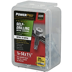 Power Pro Premium Self-Drilling Metal Screws, Zinc Plated Steel, Hex Washer Head Metal to Metal Winged Point Screws, Silver, ¼ x 1-½ inches, Box of 37 Screws