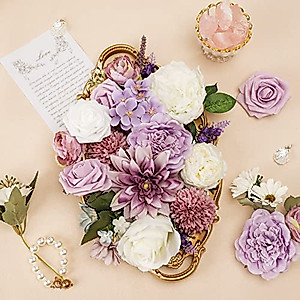 COCOBOO Artificial Purple Flowers Combo for DIY Wedding Bridal Bouquet Fake Silk Flowers Heads for Centerpieces Arrangements (Purple&White)