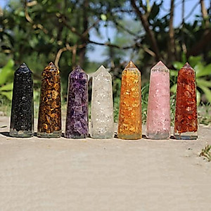 Orgone Healing Point Wands Set of 7 Includes 3.5” Amethyst Crystal, Rose Quartz, Black Tourmaline, Tigers Eye, Citrine, Carnelian, and Clear Quartz-big crystals for Spiritual Meditation and Protection