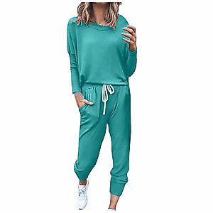 Jogging Suits for Women 2 Piece Set Tie Waist Joggers Pullover and Drawstring Set Casual Fall Outfits for Women Sales Today Clearance