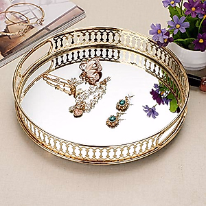 Hipiwe Mirror Vanity Tray - Round Metal Makeup Tray Jewelry Trinket Tray, Cosmetic Perfume Tray for Dresser Bathroom Bedroom Countertop Organizer Tray