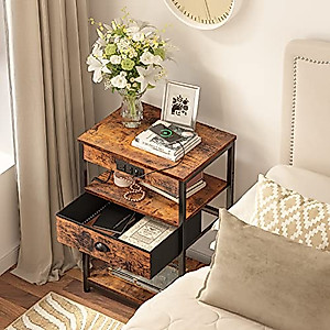 Furologee Nightstand with Charging Station, End Table with USB Ports&Power Outlets, 3-Tier Storage Shelf Tall Bedside Table, Industrial Side Table with Fabric Drawer for Bedroom/Living Room/Study