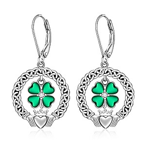 St Patricks Day Shamrock Earrings for Women Sterling Silver Four Leaf Clover Earrings Celtic Claddagh Irish Shamrock Dangle Green Lucky Jewelry Valentine Gifts