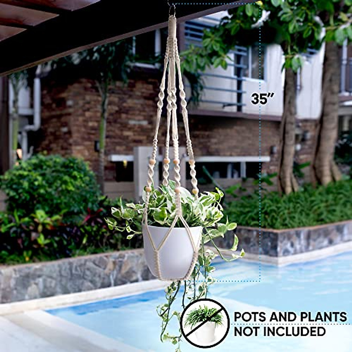 INLI Macrame Plant Hanger Indoor Hanging Planters 35" Beads Single Tier Plant No Tassel Macrame Hanger Hanging Plant Holders for 5-10” Planters.