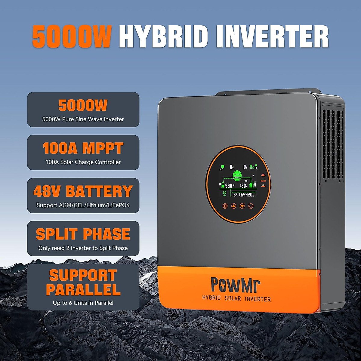 PowMr 5000W Hybrid Solar Inverter 48V DC to 110V/120V/208V/240V AC, Single &Split &Three Phase Pure Sine Wave Inverter with 100A MPPT Controller, Support Parallel, for 48V LiFePO4/Li/GEL/AGM Battery