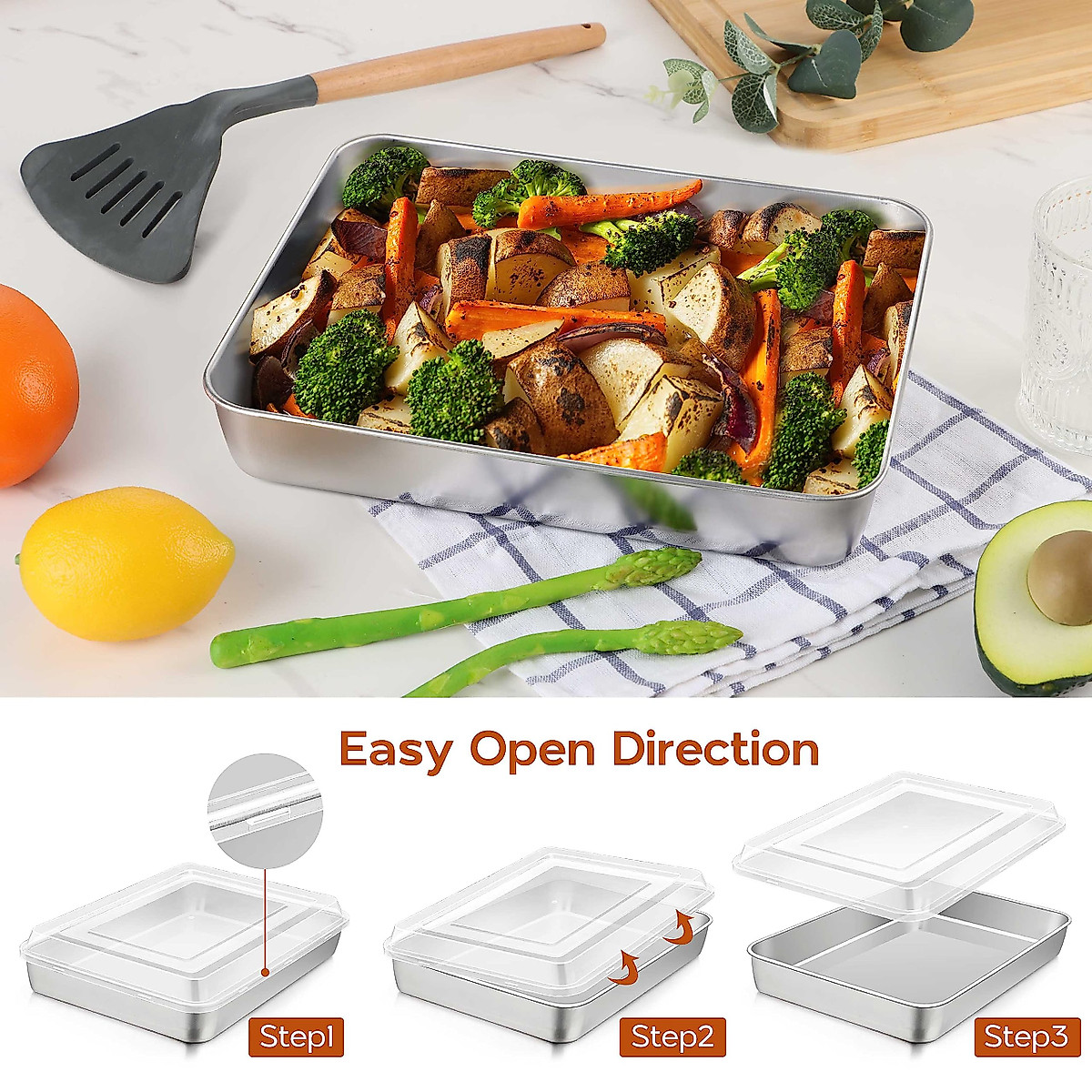 Onader 10⅜ x 8⅛ x 2 Inch Baking Pan with Lid 2 Pack Stainless Steel Lasagna Rectangular Cake Pan