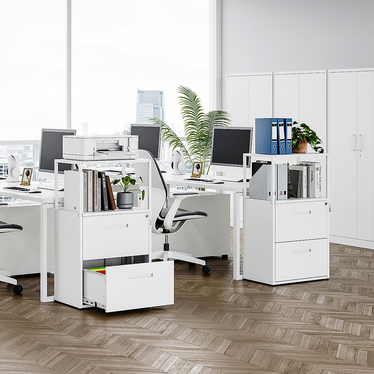 MIIIKO 2 Drawer File Cabinet with Lock and Open Shelf, White Metal Lateral Filing Cabinets Home Office, Tier Shelf Drawers Storage for Letter, Legal, A4 Folders, Books, Stationery Printers