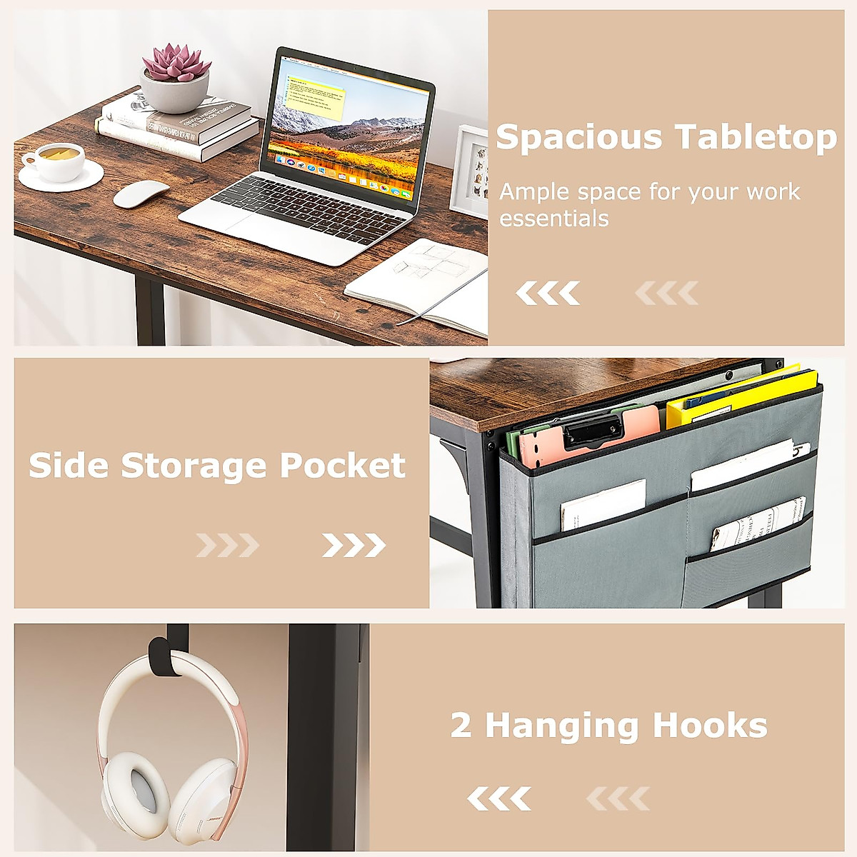 Tangkula 48” Mobile Computer Desk with Storage Bag & 2 Hanging Hooks, Rolling Home Office Writing Study Desk, Rolling PC Workstation with Lockable Universal Casters for Study Room, Bedroom