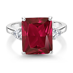 Gem Stone King 925 Sterling Silver Red Created Ruby and White Moissanite 3 Stone Ring For Women (6.02 Cttw, Emerald Cut 12X10MM, Trillion 3.5MM, Available In Size 5, 6, 7, 8, 9)