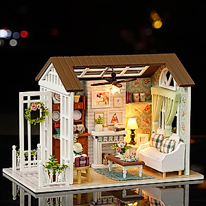 TuKIIE DIY Miniature Dollhouse Kit, 1:24 Scale Wooden Mini Doll House Accessories with Furniture for Kids Teens Adults(Happy Times)