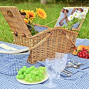 18PCS Wicker Picnic Basket for 2 with Cooler Hamper/Picnic Blanket, Large Picnic Set for Camping,Outdoor,Valentine Day,Thanks Giving,Birthday Christmas for Couples,Blue Gingham