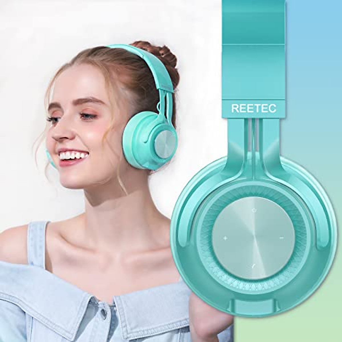 REETEC Wireless Bluetooth Headphones Over-Ear - [40 Hrs Playing Time, Soft Protein Earpads] Foldable HiFi Stereo Wireless Headphones with Microphone, Deep Bass Headset for Phone, PC, iPad - Mint Green