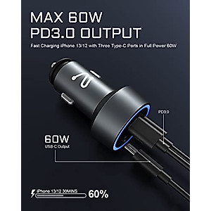 USB C Car Charger, Aergiatech 60W(20W Each) PD 3.0 Fast Car Charger Adapter 3-Port, Type C Car Charger Compatible with iPhone 13/13 Pro/12/12 Pro/11/X/SE, Galaxy S21/S20/Note20, iPad,Grey