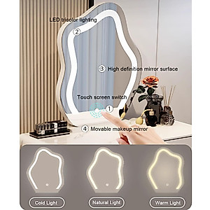 Topjia Vanity Desk Set with Adjustable LED Lighted Mirror, Modern 6 Drawers Makeup Vanity&Acrylic Chair,Makeup Vanity Table Set with Storage Cabinet for Women Girl Bedroom