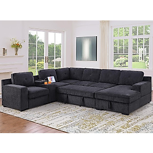 Ball & Cast 120" Sofa Bed with Pull Out Storage,5 Seat Sectional Couch with Cup Holder & USB Port,2 in 1 Design,for Living Room,Lounge,Apartment,Dark Grey