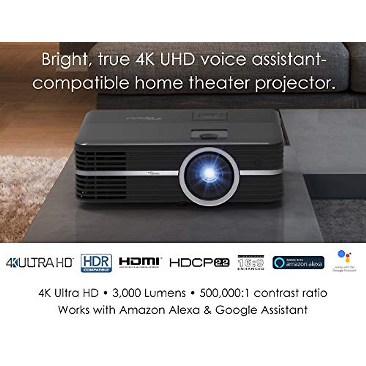 Optoma UHD51ALV True 4K UHD Smart Projector with HDR | Super Bright 3,000 Lumens | HDR10 | Works with Alexa and Google Assistant | Voice Command to Activate Projector | USB Media Streamer