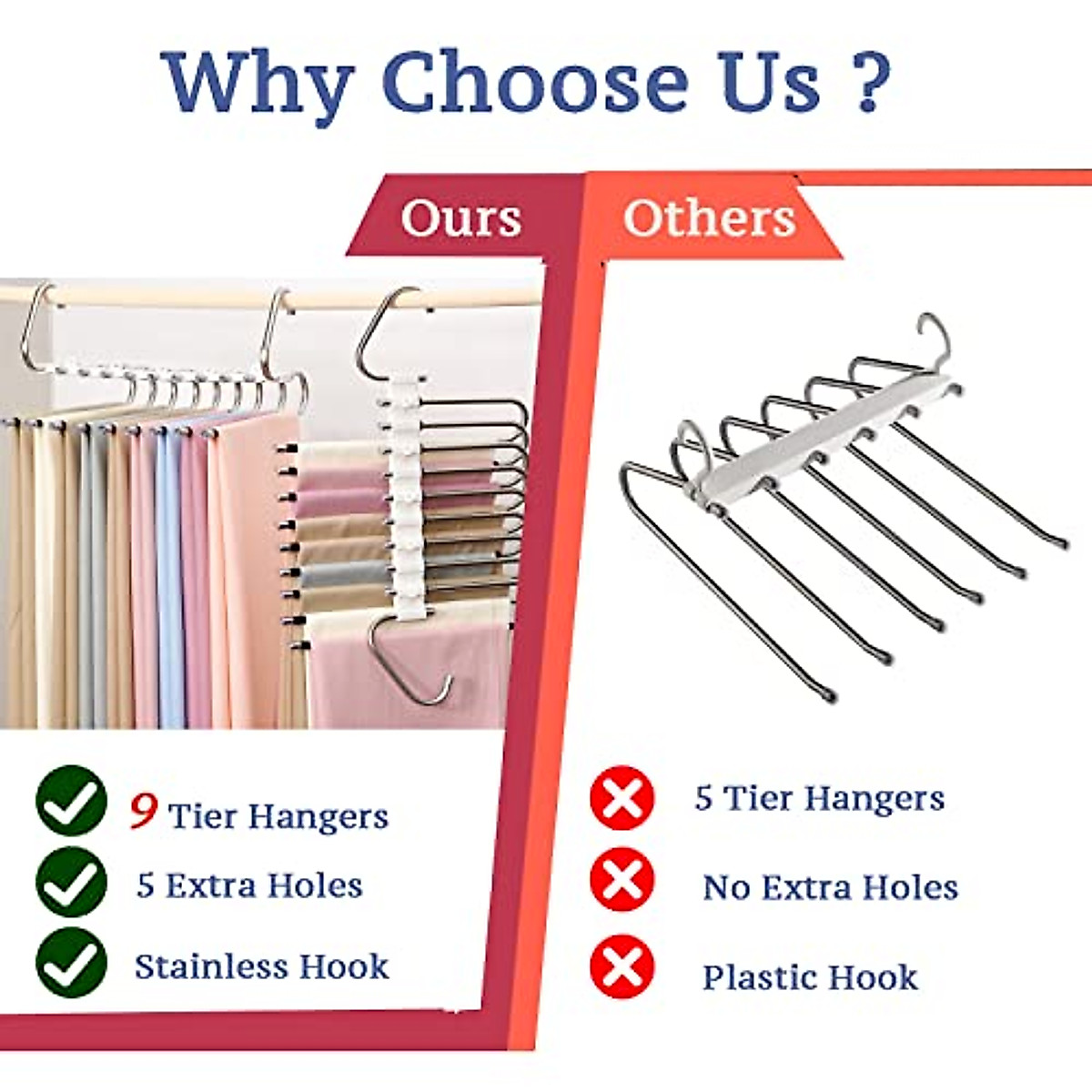 Pants Hangers Space Saving [Upgrade] Collapsible Pants Hangers Multifunctional Pants Rack Hanger for Closet Trousers Scarf Jeans Slack 9 Tier Pants Hanger with 5 Extra Clothes Hangers (1 Pc)
