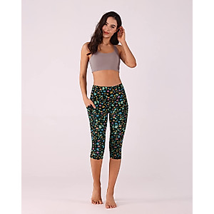 ODODOS Women's High Waisted Printed Yoga Capris with Pocket, Tummy Control Non See Through Workout Sports Running Athletic Capri Leggings, Colorful Camo, Large
