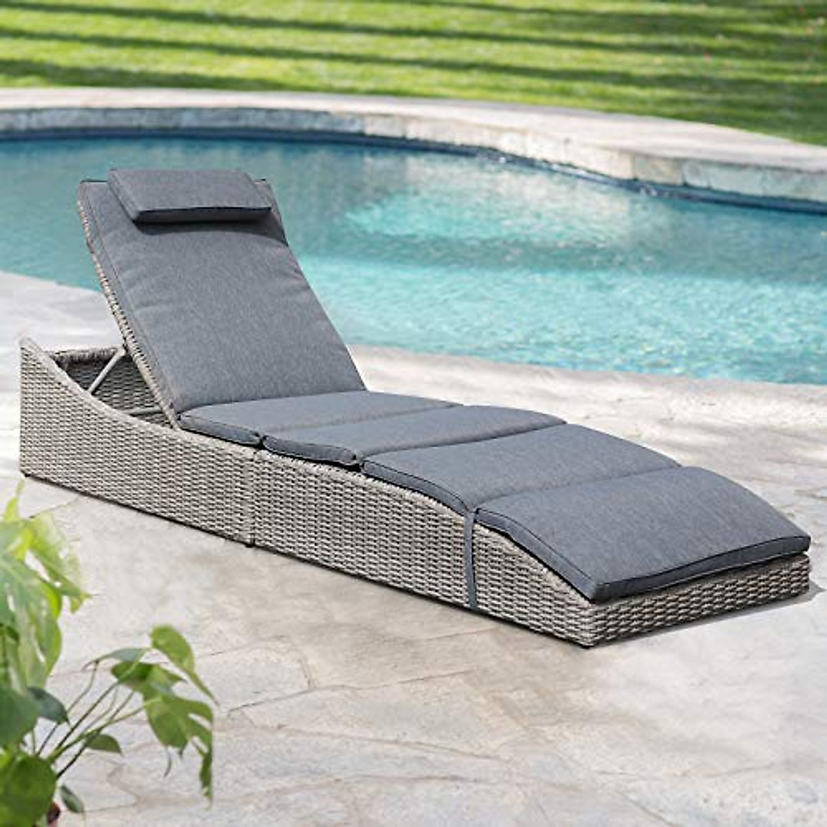 Soleil Jardin Folding Outdoor Adjustable Chaise Lounge Chair with Removable Cushion, Fully Assembled, Patio PE Rattan Reclining Lounger for Pool Beach, Dark Gray