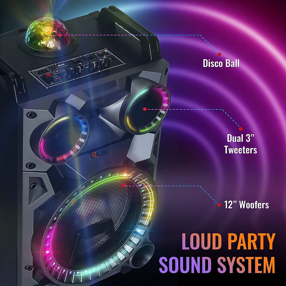 Portable Bluetooth Party Speaker and Karaoke Machine with 2 Wireless Mics, Disco Ball, LED Lights, Handle and Wheels, FM Radio. Loud Party Sound System, Rechargeable Tailgate PA Speaker