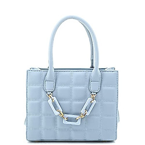 Vegan Leather Top-Handle Medium Boxy Satchel Tote Purse Crossbody Bag (Chain Front Embossed - White)