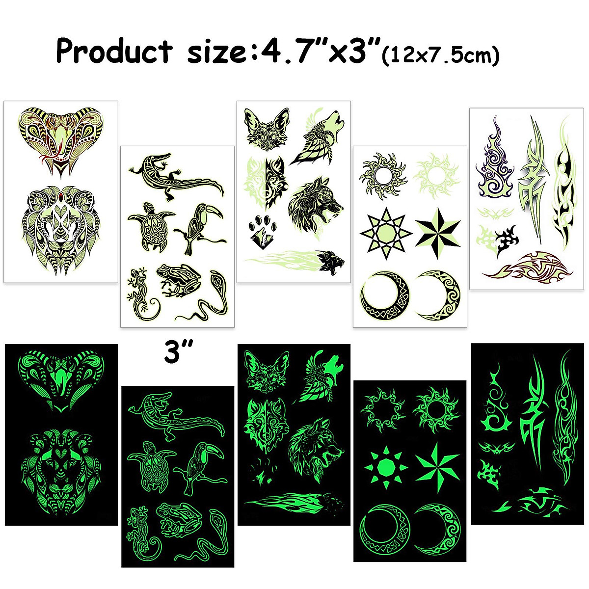 HOWAF Glow in Dark Temporary Tattoos for Adult Men Women Kids(14 Sheets), Waterproof Temporary Tattoo Moon Sun Wolf Lion Totem Fake Tattoos Body Art Sticker Arm Hand Neck Wrist