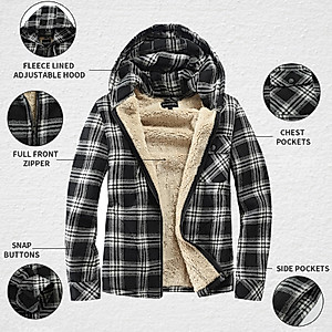 Elesuit Men's Flannel Shirt Jacket Plaid Full Zip Hoodie Fleece Lightweight Jacket Warm Winter Casual Thick Coats Black Large