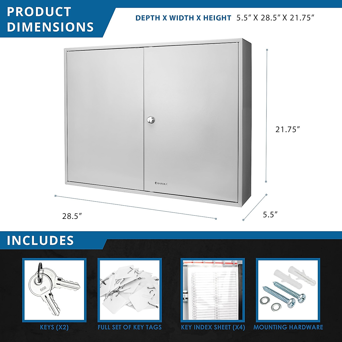 Barska Key Lock Key Cabinet Lock Box with Numbered Hooks and Tags - 480 Position - White Tags
