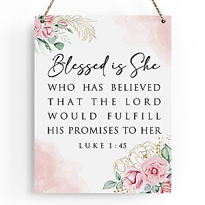 Inspirational Bible Verse Wall Art Decor Pink Luke 1:45 Christian Gifts for Women Scripture Wooden Hanging Sign for Modern Home Office Kids Room Bathroom Bedroom Wall Art Decoration 8 x 10 Inches