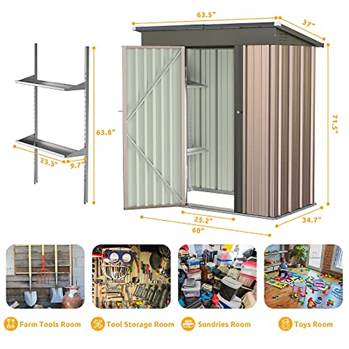 UDPATIO Outdoor Storage Shed with 2 Shelves 5x3 FT, Metal Outside Sheds & Outdoor Storage Galvanized Steel for Backyard, Patio, Lawn, Garden Shed with Lockable Door for Bike and Tools, Brown
