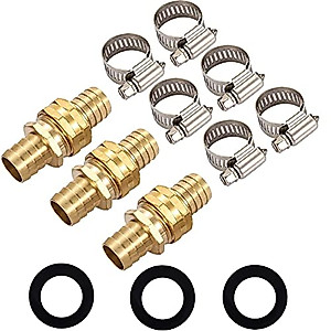 3Sets Brass Garden Hose Mender End Repair Kit Water Hose End Mender with Stainless Steel Clamp,Female and Male Hose Connector (3/4)
