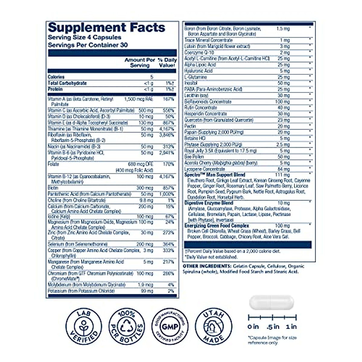SOLARAY Spectro Multivitamin for Men, Men's Multivitamin for Energy and Overall Wellness with Saw Palmetto, Pumpkin Seed, Digestive Enzymes, and More, 60-Day Guarantee, 30 Servings, 120 Capsules