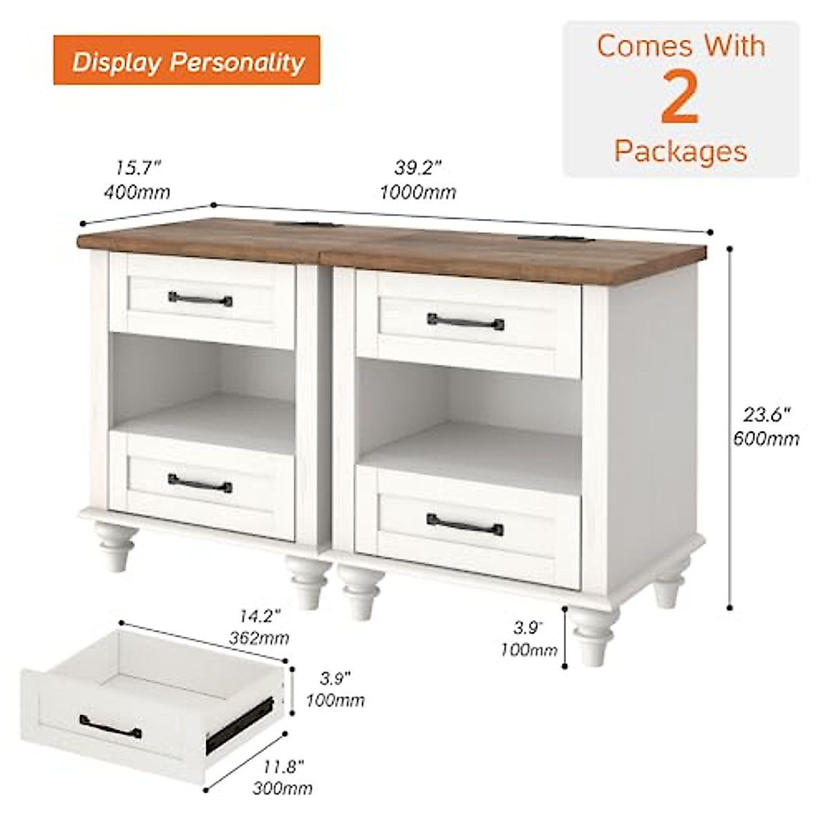 WAMPAT End Tables Storage Cabinet with Charging Station, Mid-Century Set of 2 Nightstands with 4 Drawers & Open Shelf, Farmhouse Wood Side Table for Bedroom & Living Room, Off White