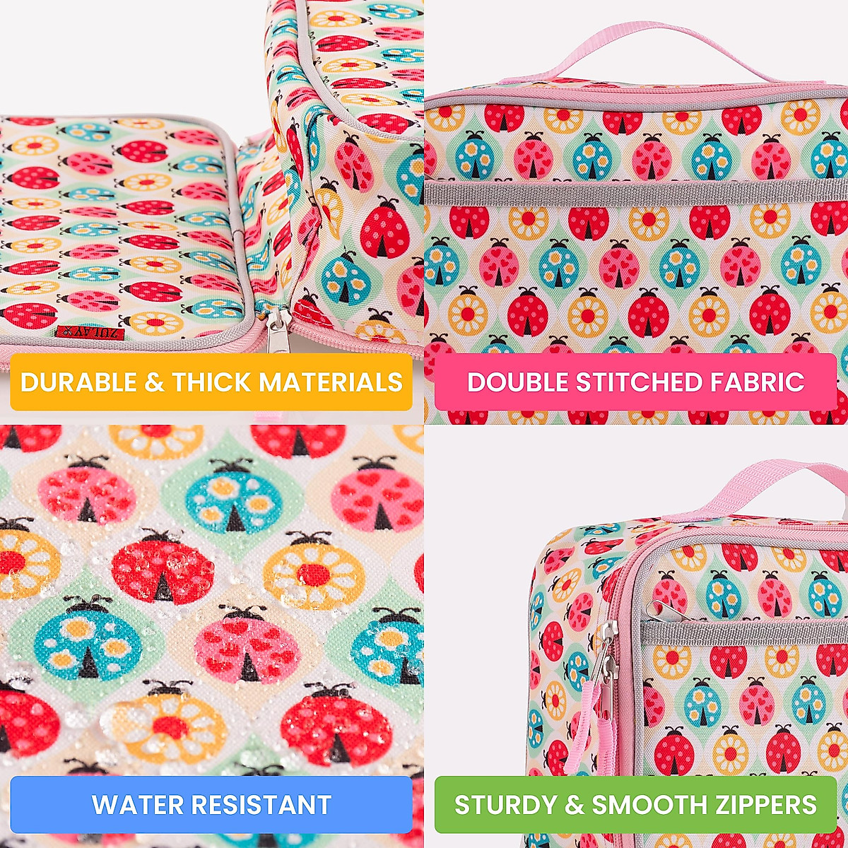 Zulay Insulated Lunch Bag - Thermal Kids Lunch Bag With Spacious Compartment & Built-In Handle - Portable Back To School Lunch Bag For Kids, Boys, & Girls To Keep Food Fresh (Ladybugs)