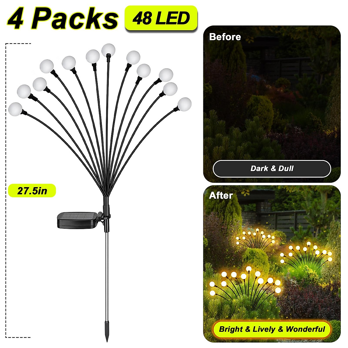48 LED 4 Packs Solar Garden Lights, Firefly Lights Solar Outdoor Waterproof, Swaying Outdoor Lights with 2 Modes, High Flexibility Iron, Solar Powered Yard Patio Walkway Pathway Decoration, Warm White