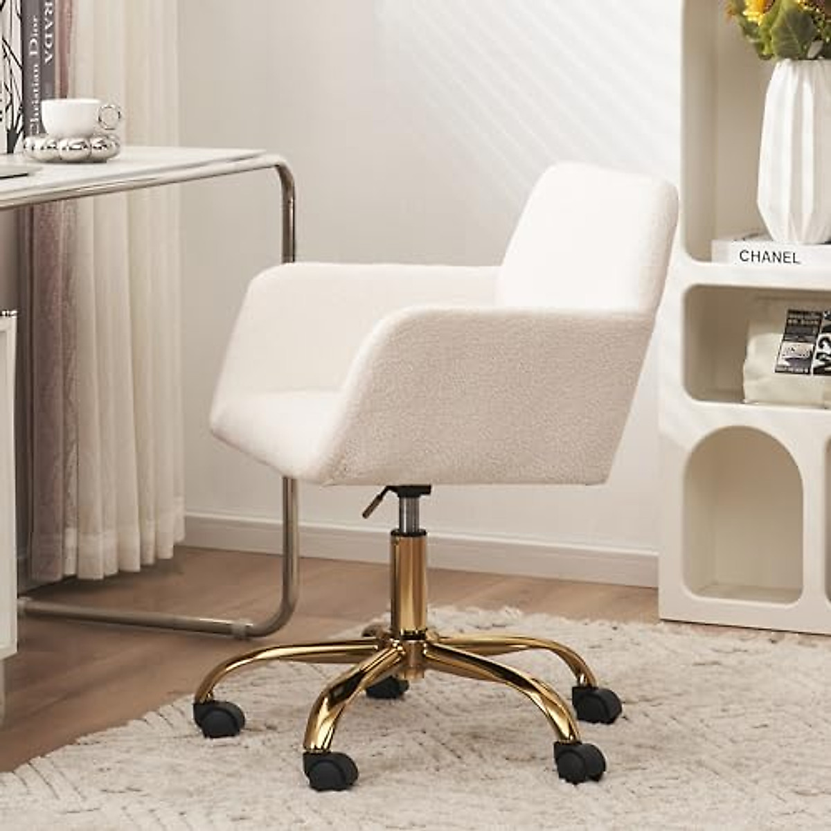 SSLine Faux Fur Vanity Chair Elegant White Furry Makeup Desk Chairs for Girls Women Modern Comfy Fluffy Arm Chair Stool with Wheels in Bedroom Living Room (G Type-White&Gold)