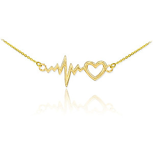 14K Yellow Gold Lifeline Pulse Heartbeat Open Heart Charm Pendant Necklace - 18" Rolo Chain