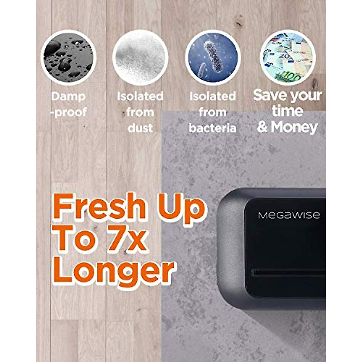 MEGAWISE Vacuum Sealer Machine, Portable Strong Suction Power Food Sealer, Bags and Cutter included with External Vacuum Function, Freshness Saver（Silver)