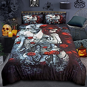 Duvet Cover Full Skull Bedding - 3 of Set Love Never Dies Duvet Cover with Zipper Closure, Super Soft, Fashion, ZHH