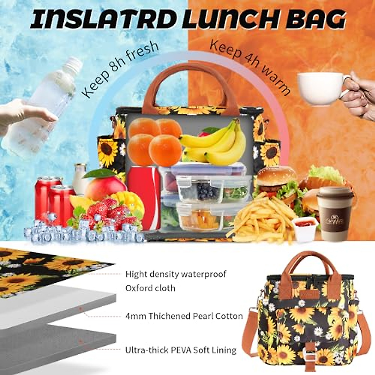 Joymee Insulated Lunch Bag for Women/Men, Waterproof Lunch Box for Office Work Picnic Beach, Reusable Large Leakproof Cooler Tote Bag with Adjustable Shoulder Strap & Side Pocket, Sunflower