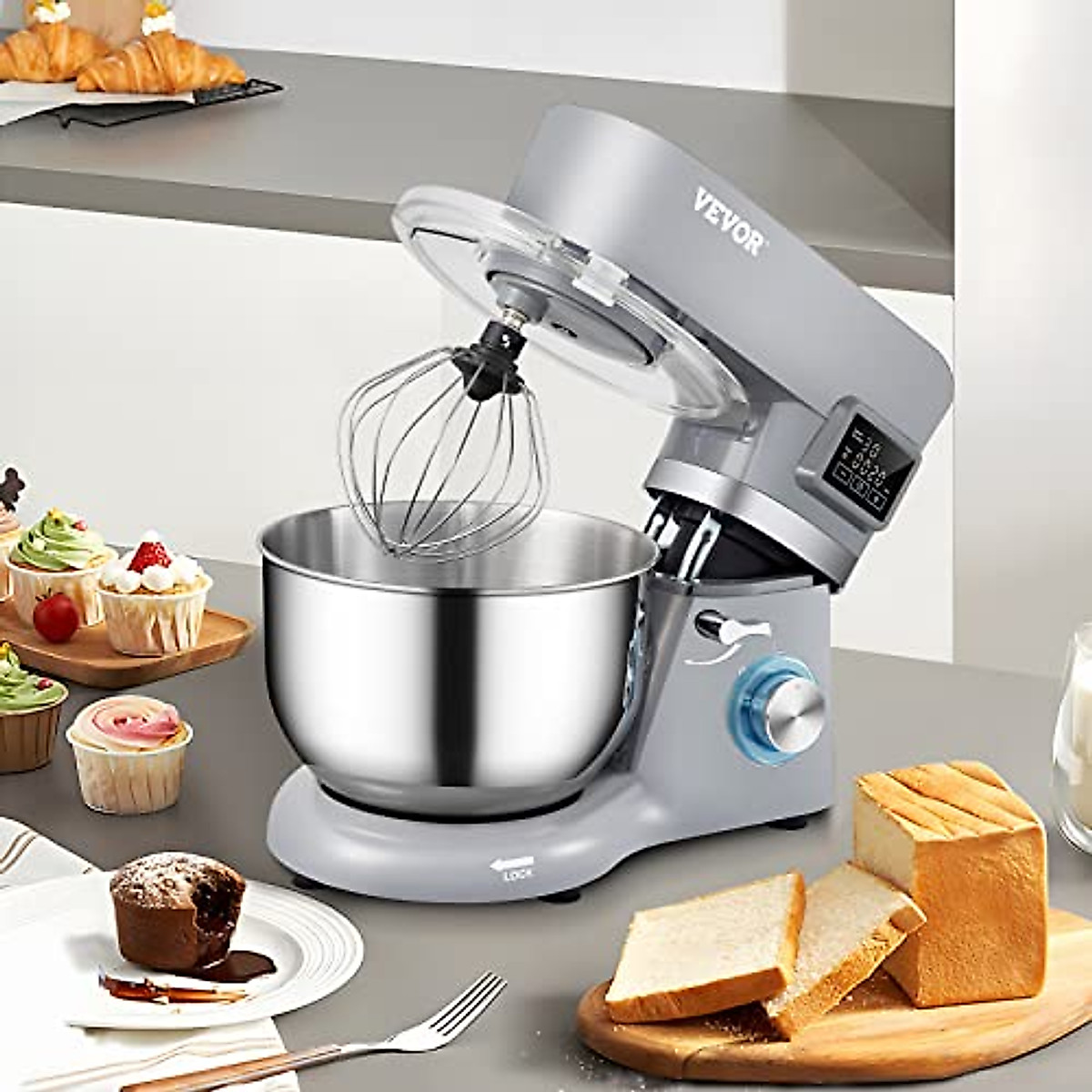 VEVOR Stand Mixer, 660W Electric Dough Mixer with 6 Speeds LCD Screen Timing, Tilt-Head Food Mixer with 5.8 Qt Stainless Steel Bowl, Dough Hook, Flat Beater, Whisk, Scraper, Splash-Proof Cover - Gray