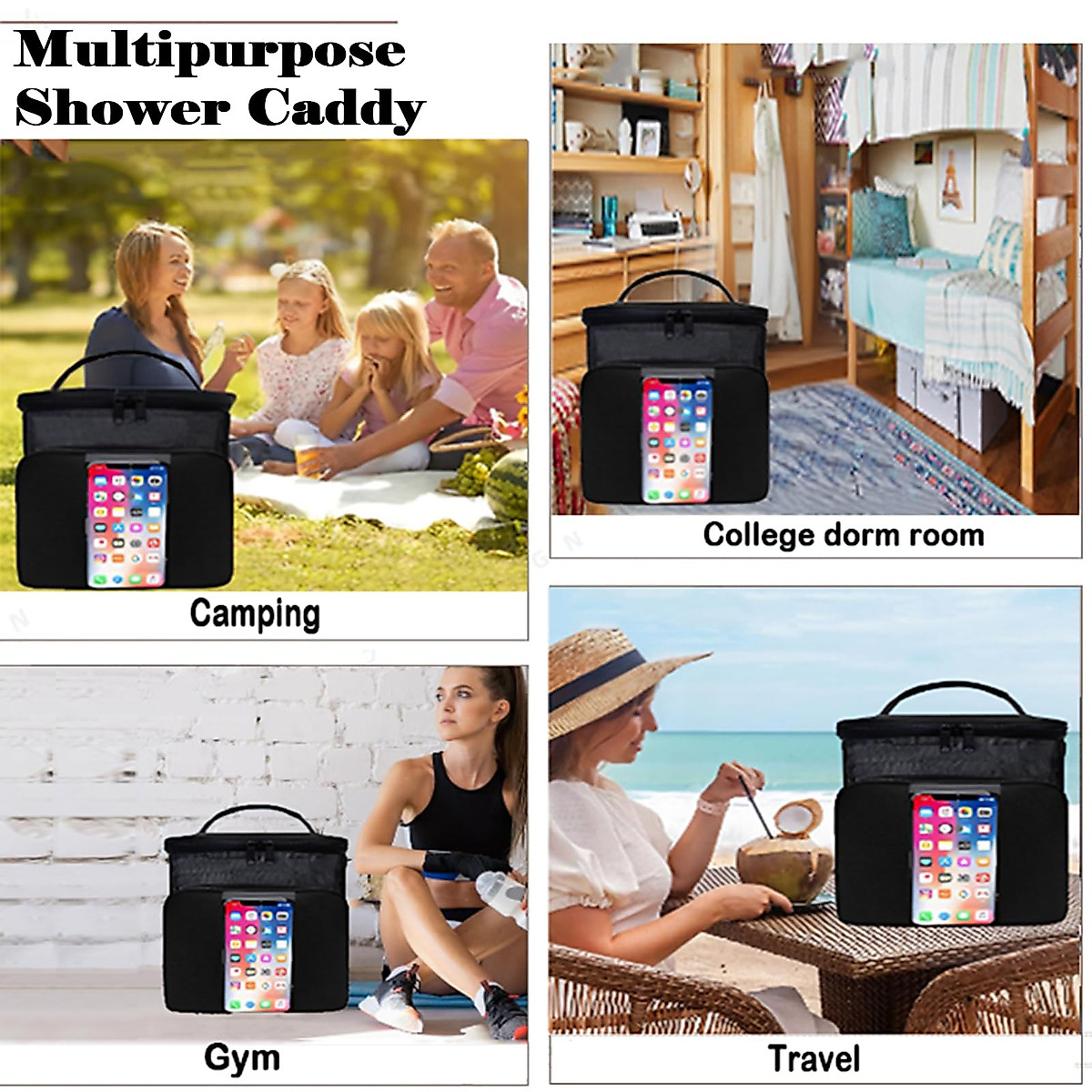 ZJSTRO Portable Shower Caddy,Dorm Room Essentials for guys girls,Hanging Toiletry Bag,College Tote Bag,Mesh Shower Caddy For Dorm,Camping,Gym,Women Men Travel Shower Bag-Black